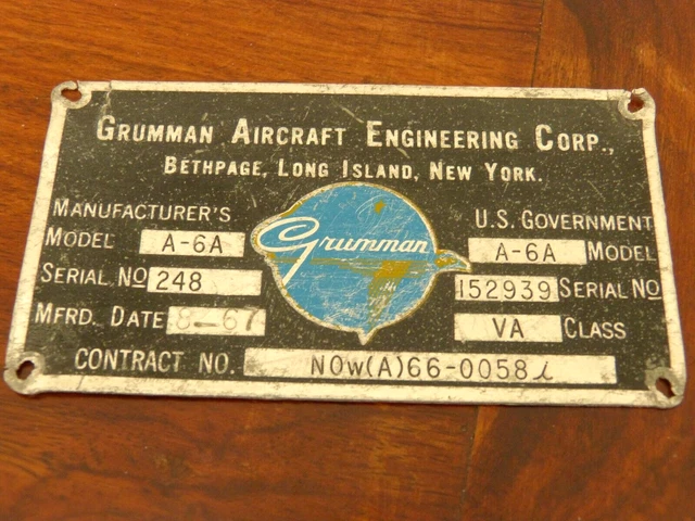 GRUMMAN A-6A INTRUDER master data plate relic £322.92 - PicClick UK
