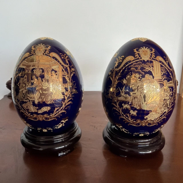 RARE SATSUMA MORIAGE Cobalt Blue & Gold 5"x3" Porcelain Egg Pair W/wood ...