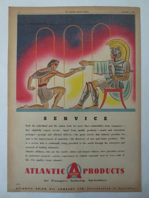 VINTAGE AUSTRALIAN ADVERTISING 1944 ad ATLANTIC UNION OIL ancient rome ...