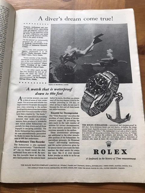 1958 ROLEX WATCH Submariner Scuba Diver Print Advert Original Ad ...