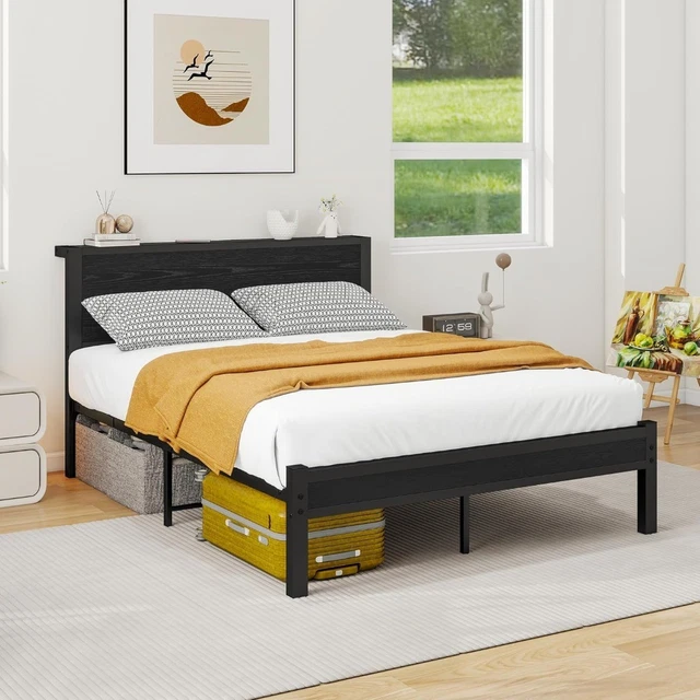 DUMEE DOUBLE BED Frame with Wooden Shelf Headboard Black Colour Boxed £ ...