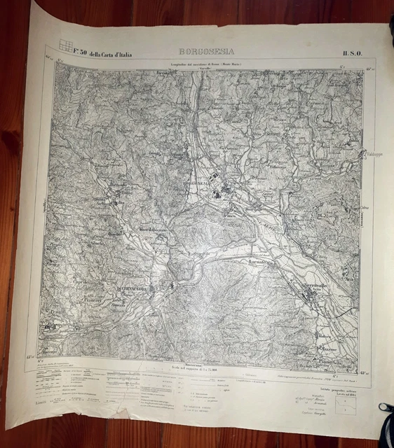 VECCHIA CARTA GEOGRAFICA militare BORGOSESIA- Ist. geog. Militare 1914 ...