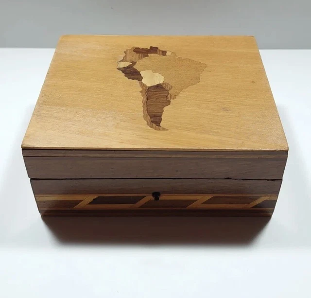 RARE VINTAGE SOUTH American Continent Map Marquetry Wooden Trinket Box ...