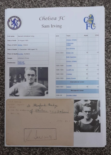 SIGNED PAGE OF Ex Chelsea Footballer Sam Irving+history.1920's £24.99 ...