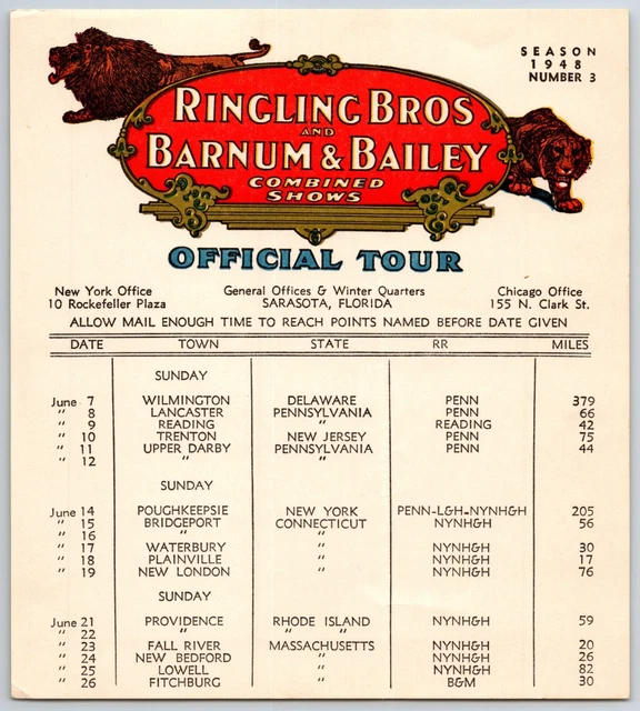 1948 RINGLING BROS Barnum Bailey Circus Route Card Bridgeport Neuf ...