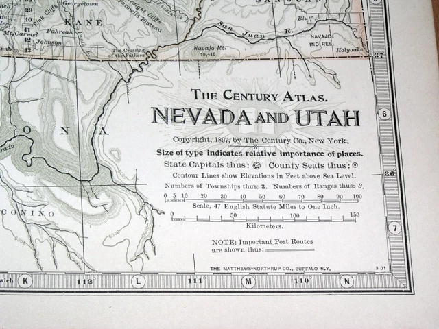 1897 ANTIQUE DATED Map Of Nevada And Utah / Las Vegas / Salt Lake City ...
