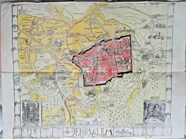 BERNHARD GAUER FOLDED 1940s Guide Map Jerusalem Eretz Israel Palestine ...