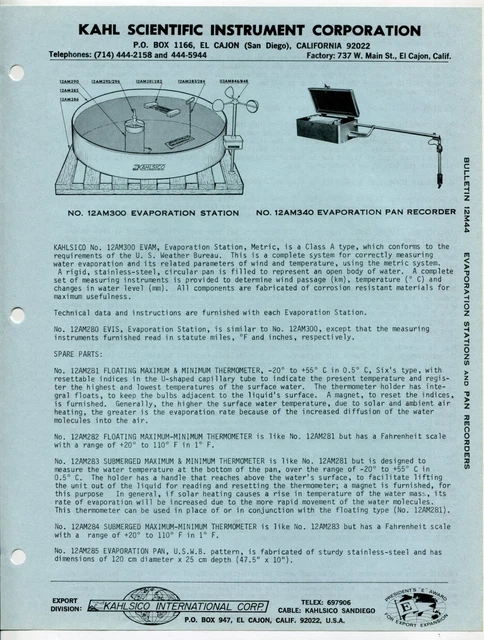 VINTAGE KAHLSICO SALES Sheet: EVAPORATION STATIONS & PAN RECORDERS $9. ...