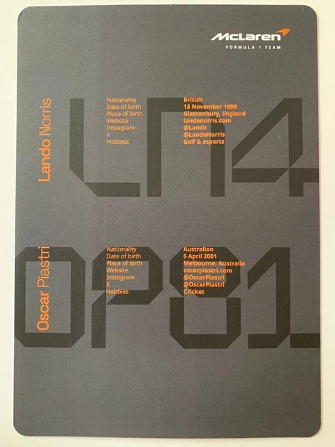 2025 MCLAREN F1 Lando Norris Oscar Piastri Drivers Card Set $134.87 ...