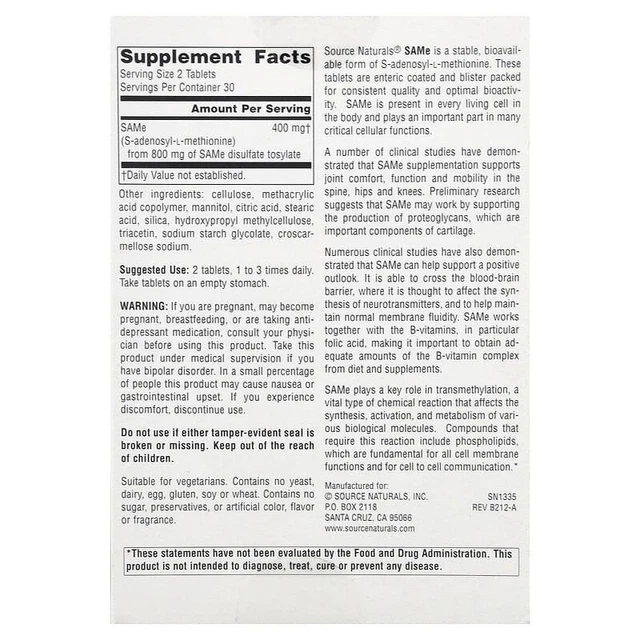 SOURCE NATURALS SAM-E 200mg 60 Enteric Coated Tablets, Mood, Joint ...