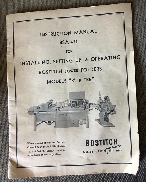VINTAGE INSTRUCTION MANUAL for BSA 451 Bostitch Bowee Folders Models R ...