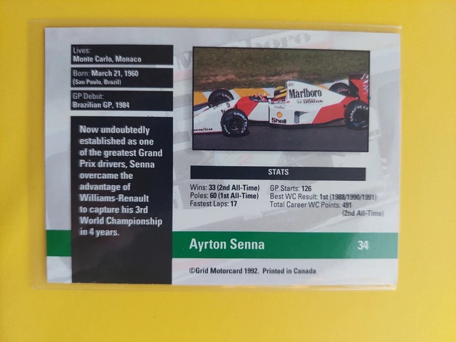 AYRTON SENNA F1 Grid Formula One 1992 Card Excellent Condition Brazil ...