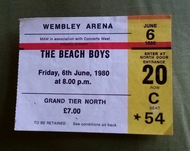 THE BEACH BOYS Ticket Stub Wembley Arena Friday 6-june-1980. £26.72 ...