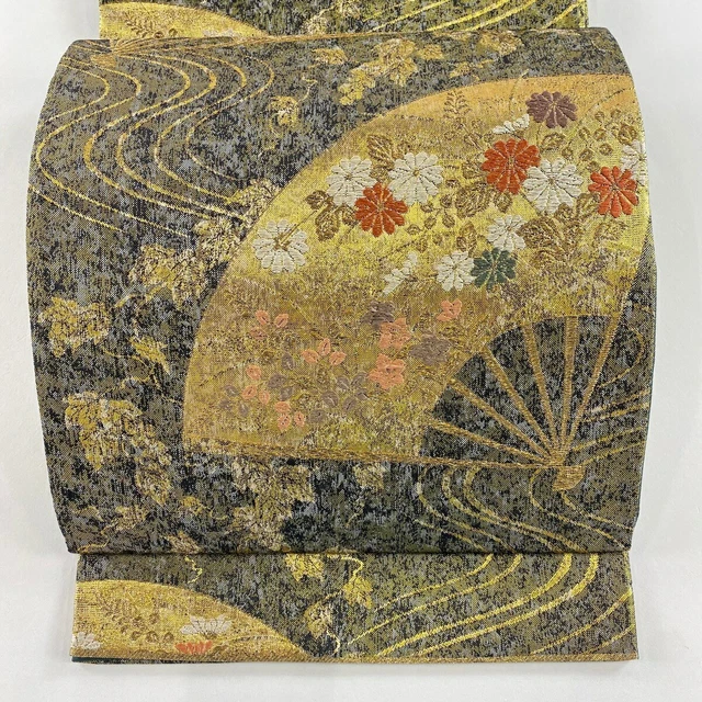 JAPANESE KIMONO FUKURO Kimono Obi Flower Fan Stream Water Gold Thread ...