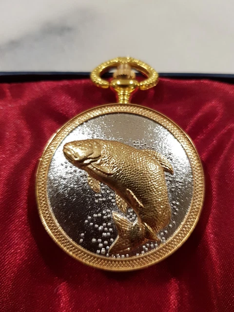 BROWN TROUT FISH Pocket watch Gold Tone (New Battery Fitted) Vgc £14.00 ...