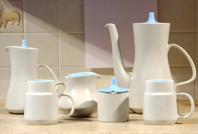 VINTAGE POOLE POTTERY 6 Piece Coffee Set Grey & Blue Excellent Vintage ...