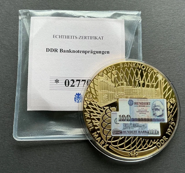 DDR WÄHRUNG 100 Mark Banknote Karl Marx 1975 Medaille mit Zertifikat Ø ...