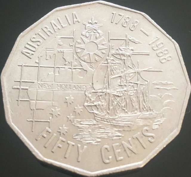 1988 AUSTRALIAN FIFTY cent 50c coin - FIRST FLEET TALL SHIPS - UNC ex ...