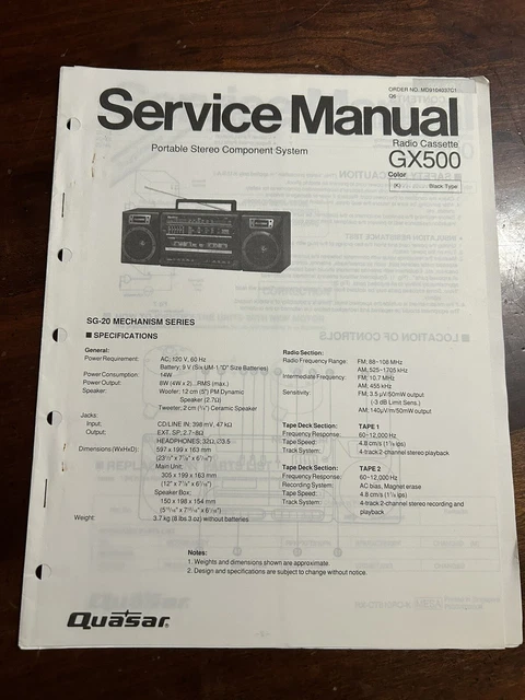 QUASAR GX500 PORTABLE Radio Cassette Boombox Service Manual OEM Vintage ...