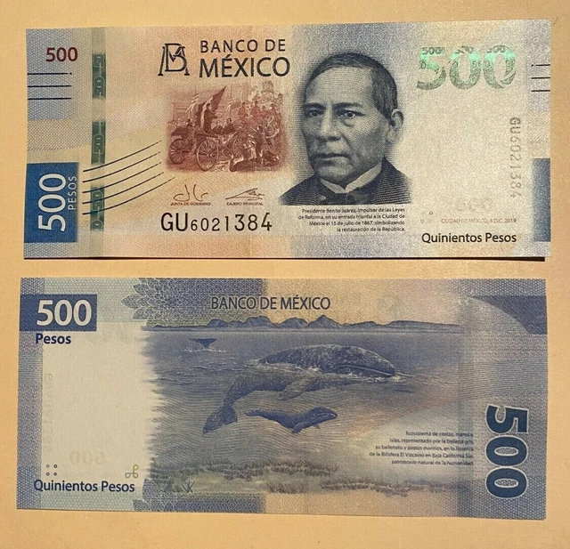 MEXICO BANKNOTE NEW 500 pesos Prefix GU Benito Juarez, whales Unc $42. ...