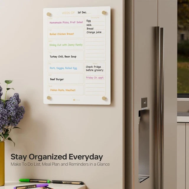 GLASS GOLDEN WEEKLY Dry Erase Calendar & Menu Whiteboard for Wall, Meal ...