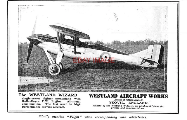 1928 ADVERT FOR Westland 'WIZARD' Aircraft with Rolls-Royce F.XI Engine ...