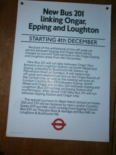 LONDON TRANSPORT BUS Stop Timetable Panel Poster-New Route 201 Ongar to ...