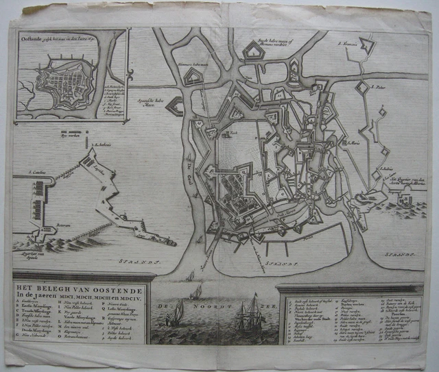 SIÈGE OSTENDE BELGE 1601-1604 plan d'étage fixations gravure sur cuivre ...