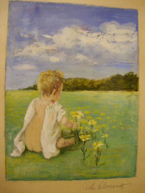 ANTIKES ALTES BILD Kind auf Wiese mit Blumen von H. Clementz signiert ...