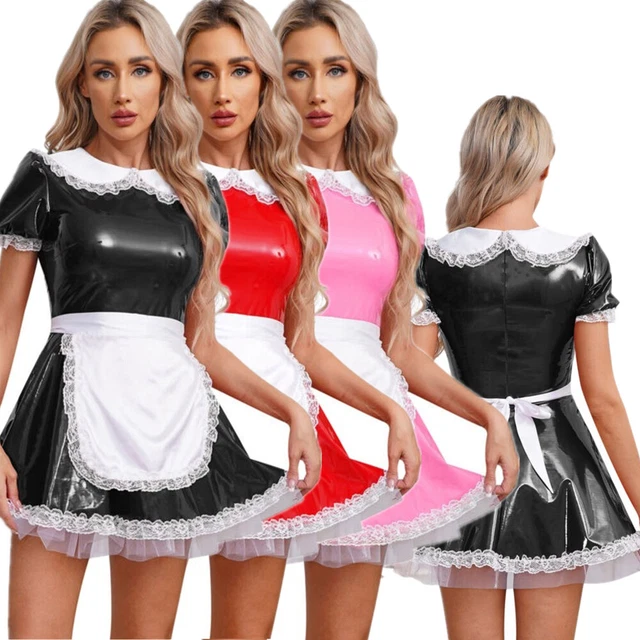 UK LADY SEXY Maid Uniform Costume Wet Look Lace PVC Leather Cosplay ...