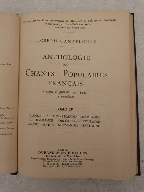 ANTHOLOGIE DES CHANTS POPULAIRES FRANCAIS tome 4 CANTELOUBE EUR 38,00 ...