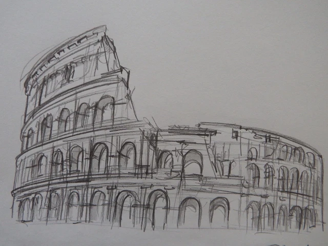 ORIGINAL EXPRESSIVE PENCIL drawing of The Colosseum Rome on ivory white ...