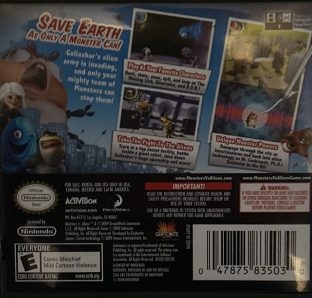 MONSTERS VS. ALIENS (Nintendo DS, 2009) Video Game, Case + Manual £4.65 ...