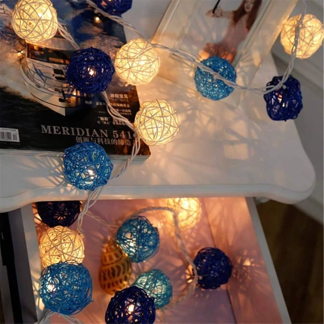 BLUE WHITE RATTAN Ball String Lights 50 LED 5m Battery Fairy Wedding ...