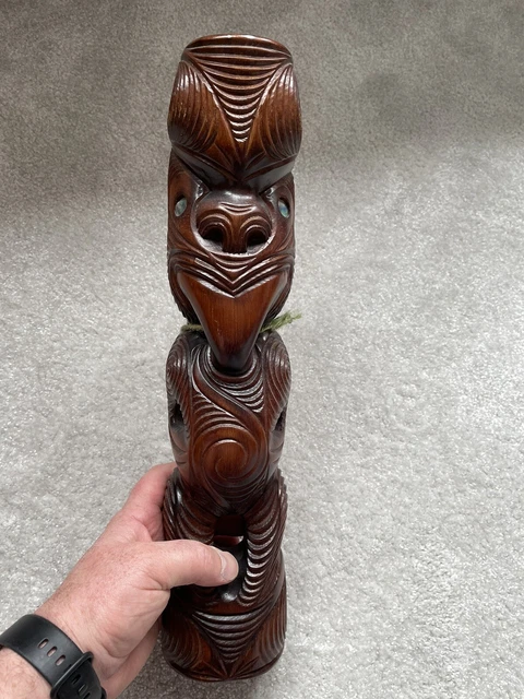 VINTAGE MAORI KAURI Wood, Paua Shell Carving, Carved in New Zealand ...