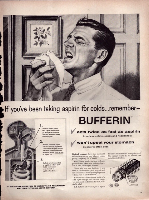 1957 BUFFERIN FOR colds Man sneezing in tissue Print Ad $10.99 - PicClick
