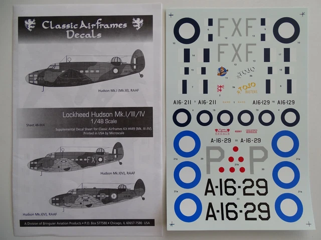CLASSIC AIRFRAMES DECALS 1/48 Lockheed Hudson Pt. 4 EUR 5,00 - PicClick FR