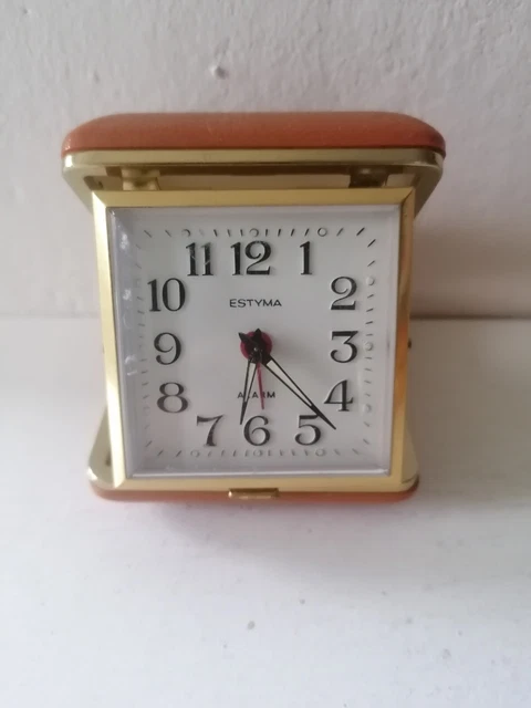 RARE VINTAGE 1968 ESTYMA Folding Travel Alarm Clock Mechanical Wind-Up ...