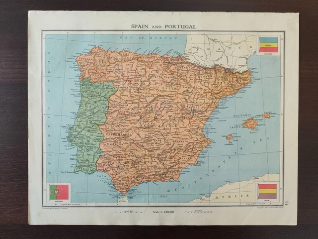 VINTAGE ORIGINAL COLOUR Map-Spain And Portugal-General Map-1930 Circa £ ...