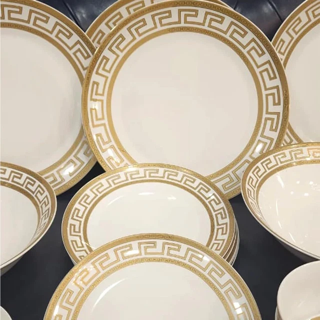 4 X GOLDEN Greek Key White Ceramic Dinner Plates Bowls, Very Durable £ ...