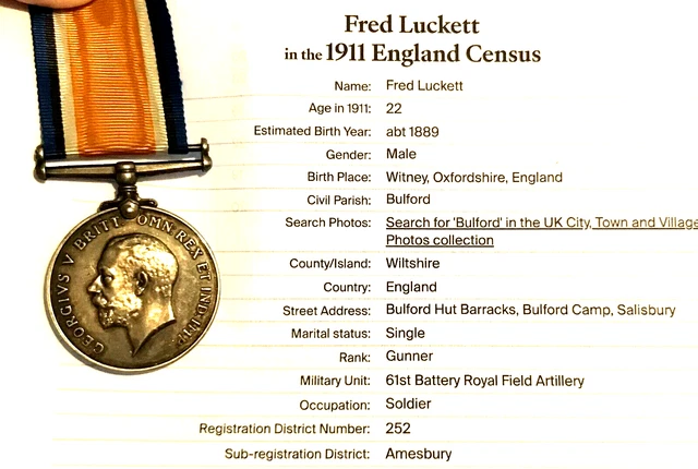 WAR MEDAL GNR. Fred Luckett Rfa Born Hardwick, Oxfordshire Sole ...