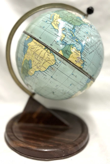 VINTAGE CHAD VALLEY World Globe 1950s Blue Tin Plate Brown Base 8 ...
