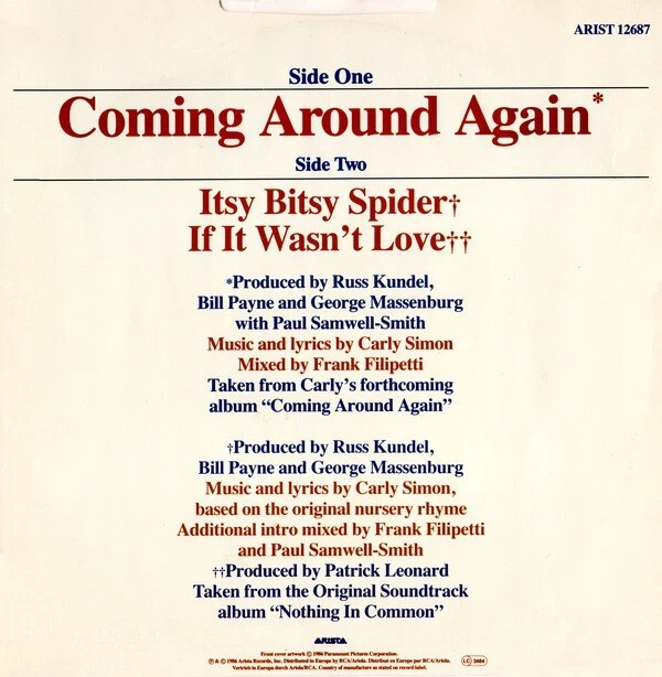 CARLY SIMON - Coming Around Again (Theme From Heartburn) (12", Single ...
