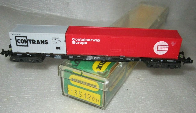 MINITRIX N 51 3512 00 DB CONTAINER WAGON 4 AXLE FLAT CAR TRIX Ep IV ...
