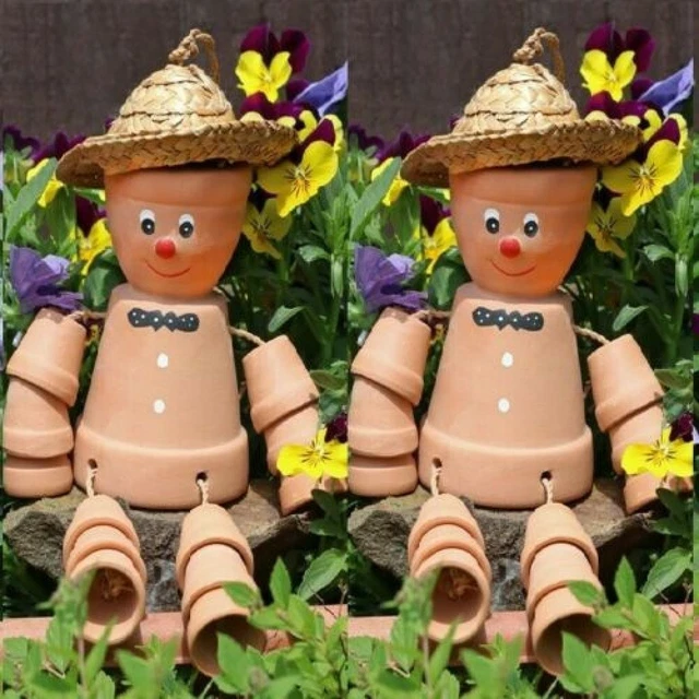 BILL & BEN Flower Pot Men Terracotta Set Of Two Straw Hat Home Garden ...