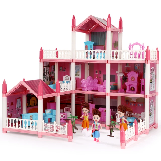 PINK DOLL HOUSE Set Large 3-Story Barbie Doll Dollhouse + Furniture ...