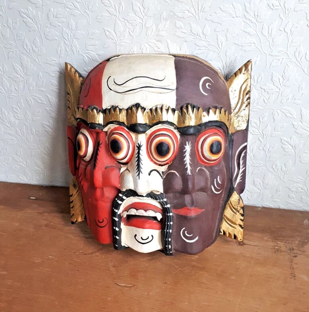 BALINESE WOODEN 3 headed Barong carved wall mask £29.00 - PicClick UK