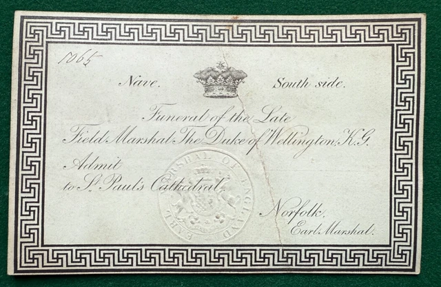 ANTIQUE MILITARY FUNERAL Ticket Field Marshal Arthur Wellesley Duke ...