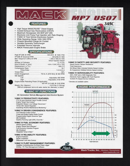 MACK TRUCKS MP7 Uso7 Engines 345C Specifications Brochure 2006 $27.50 ...