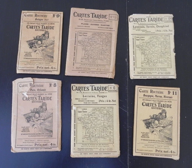 LOT DE 6 CARTES ROUTIERES ANCIENNES TARIDES N° 6 - 8 - 9 -10 - 11 - 14 ...